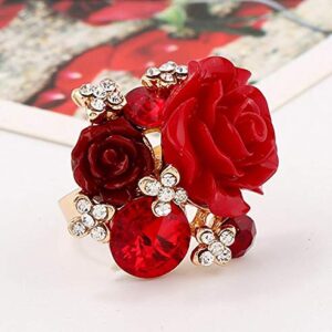 Women's Rose Gold Plated Flower Rings Colorful Crystal Statement Rings Wedding Band Engagement Ring - Red