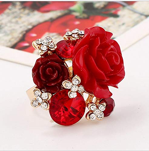 Women's Rose Gold Plated Flower Rings Colorful Crystal Statement Rings Wedding Band Engagement Ring - Red