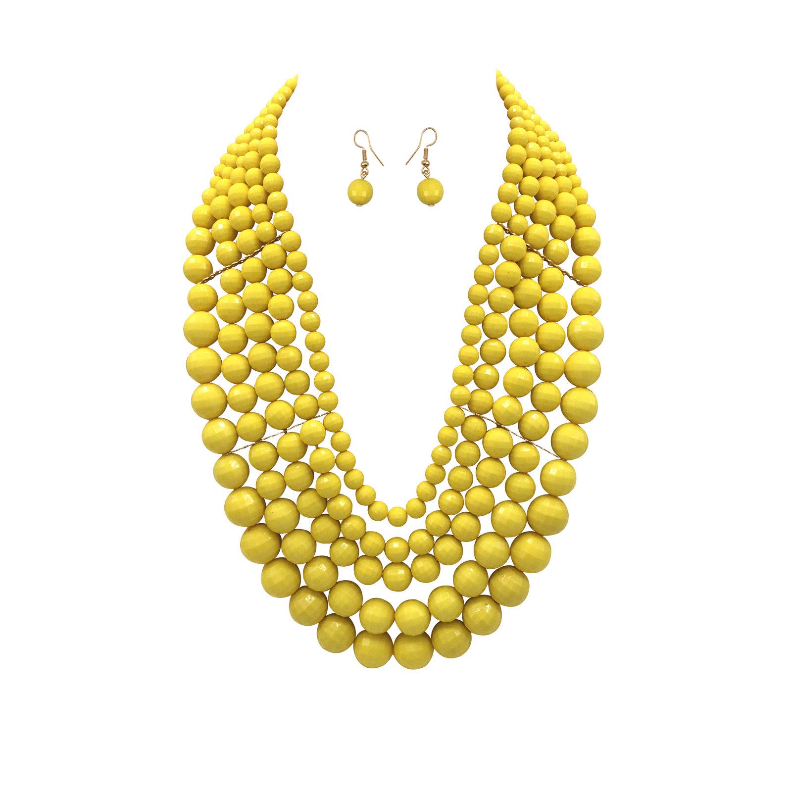 JHWZAIY 5 Layered Beaded Statement Chunky Necklaces For Women - Multi Strand Colorful Bead Layered Bib Necklace For Women Fashion Jewelry Costume Earring Set (Yellow)