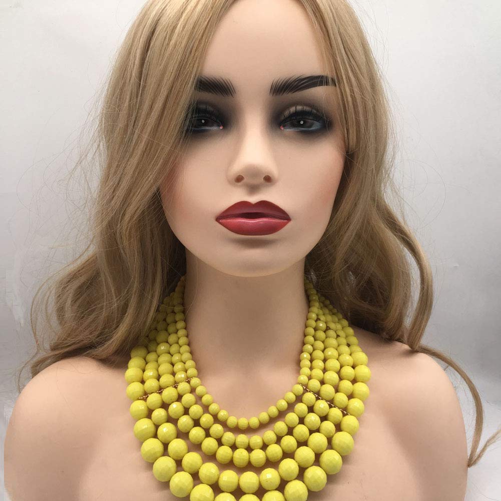 JHWZAIY 5 Layered Beaded Statement Chunky Necklaces For Women - Multi Strand Colorful Bead Layered Bib Necklace For Women Fashion Jewelry Costume Earring Set (Yellow)