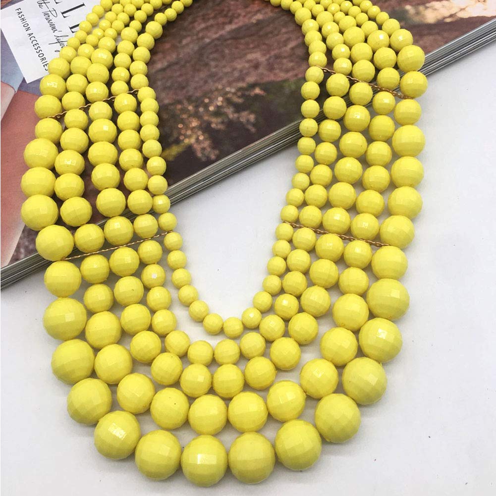 JHWZAIY 5 Layered Beaded Statement Chunky Necklaces For Women - Multi Strand Colorful Bead Layered Bib Necklace For Women Fashion Jewelry Costume Earring Set (Yellow)