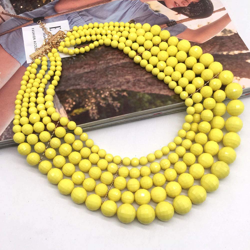 JHWZAIY 5 Layered Beaded Statement Chunky Necklaces For Women - Multi Strand Colorful Bead Layered Bib Necklace For Women Fashion Jewelry Costume Earring Set (Yellow)