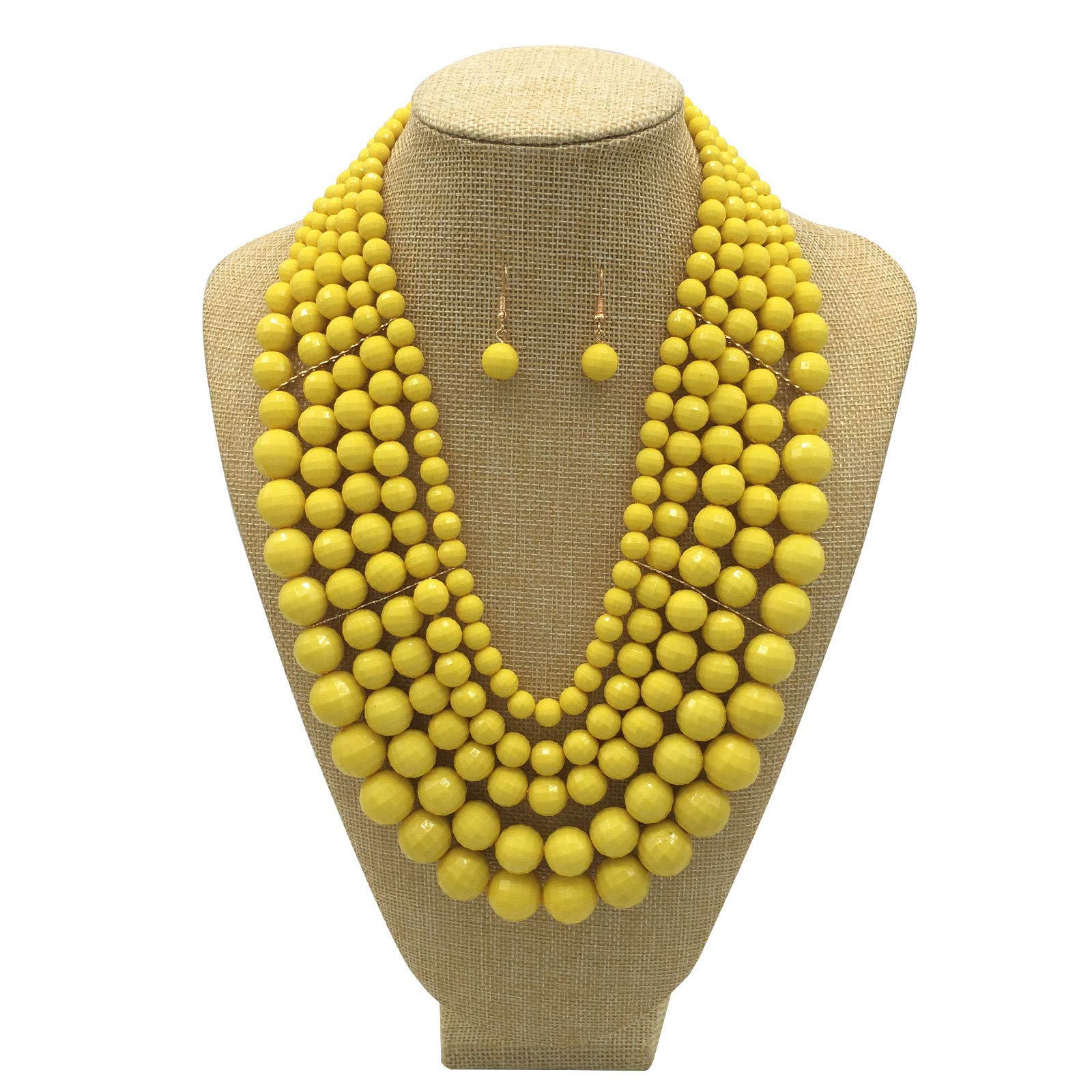 JHWZAIY 5 Layered Beaded Statement Chunky Necklaces For Women - Multi Strand Colorful Bead Layered Bib Necklace For Women Fashion Jewelry Costume Earring Set (Yellow)