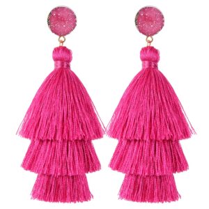 hot pink layered tassel bohemian drop dangle earrings, handmade druzy stud holiday festive costume earrings gift for women mother's day (three-shocking pink)