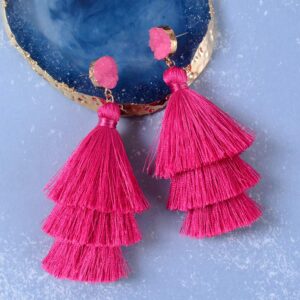 Hot Pink Layered Tassel Bohemian Drop Dangle Earrings, Handmade Druzy Stud Holiday Festive Costume Earrings Gift for Women Mother's Day (Three-Shocking Pink)