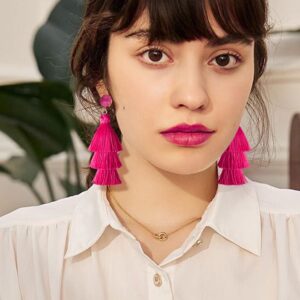 Hot Pink Layered Tassel Bohemian Drop Dangle Earrings, Handmade Druzy Stud Holiday Festive Costume Earrings Gift for Women Mother's Day (Three-Shocking Pink)