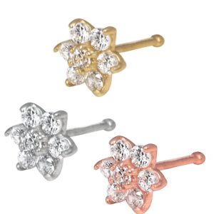 jewelryweb solid 14k yellow or white gold 4-mm 20 gauge cubic zirconia flower nose stud (yellow-gold)