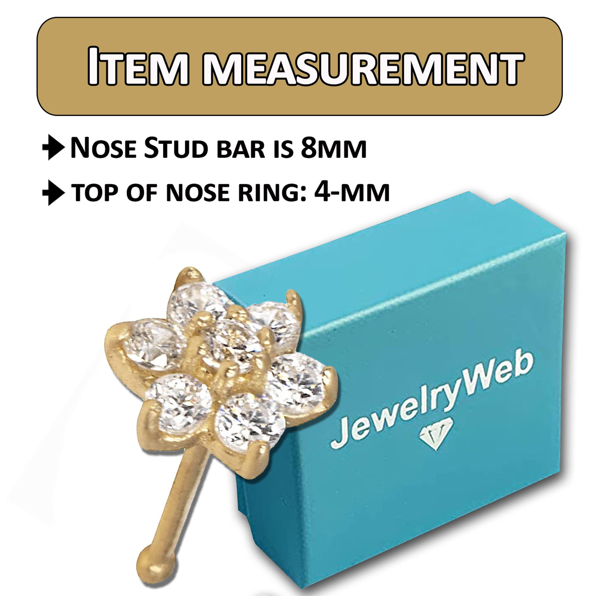 JewelryWeb Solid 14K Yellow or White Gold 4-mm 20 Gauge Cubic Zirconia Flower Nose Stud (Yellow-Gold)