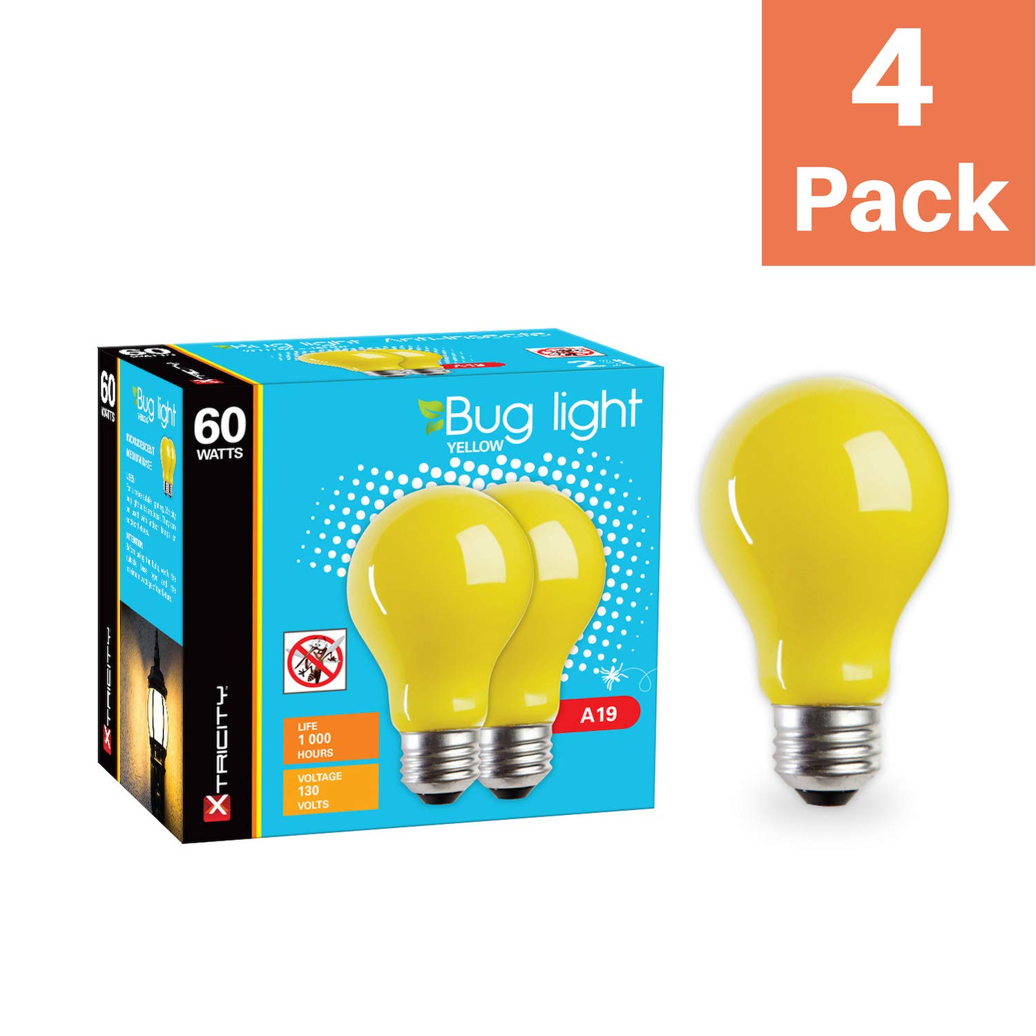 Xtricity A19 Incandescent Yellow Bug Light Bulb, 60W, E26 Medium Base, 130V, (4 Pack)