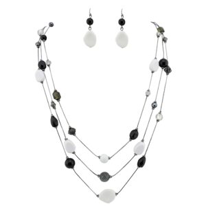 coiris 3 layers illusion wire long statement necklace earrings set for women black white beaded (n0008-black+white)