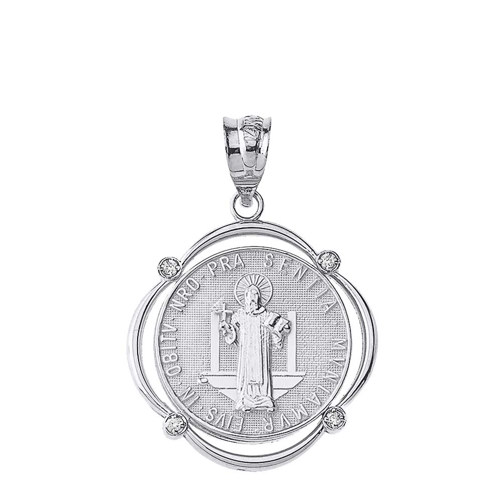 Sterling Silver Medalla De San Benito Saint St Benedict CZ Round Frame Pendant