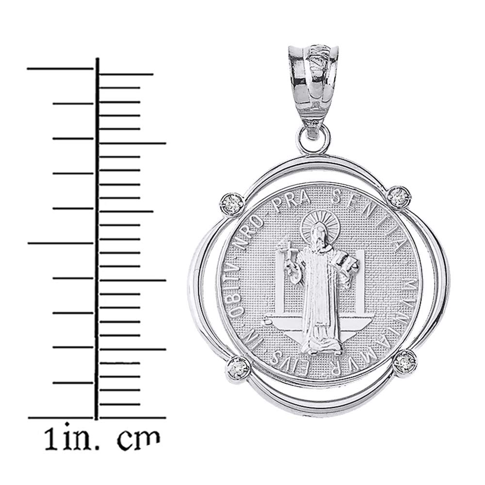 Sterling Silver Medalla De San Benito Saint St Benedict CZ Round Frame Pendant