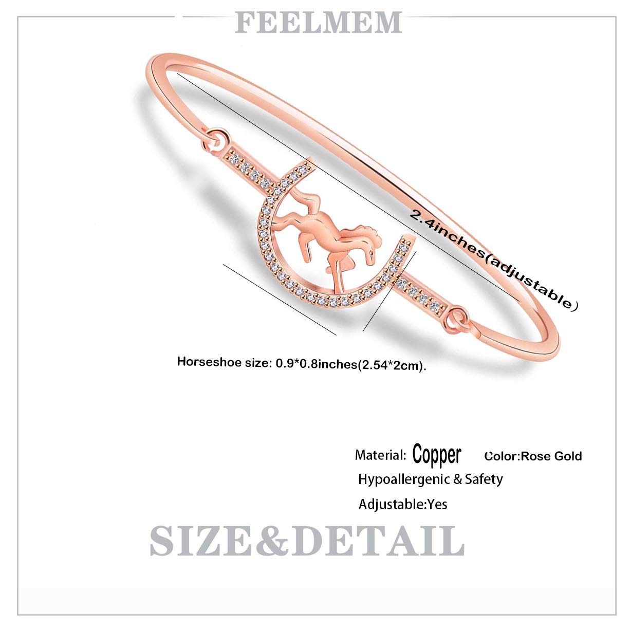 FEELMEM Elegant Pave Cubic Zirconia Lucky Horseshoe with Horse Charm Bangle Bracelet/Necklace Horse Shoe Lover Jewelry for Women (BC)