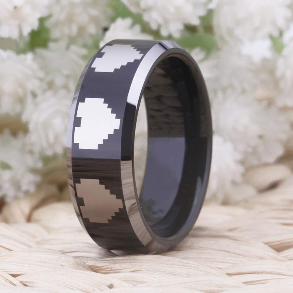 Tungsten Wedding Ring 8mm Black with Silver Edge Legend of Zelda 8-Bit Heart Design-Free Inside Engraving (10)