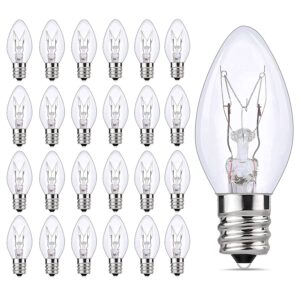 skrlights 25 pack c7 clear bulbs christmas light bulbs c7 outdoor string light replacement bulbs, c7/e12 candelabra base, 5 watt-clear