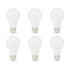 amazon basics a19 led light bulb, 60 watt equivalent, energy efficient 12w, e26 standard base, soft white 2700k, dimmable, 10,000 hour lifetime , 6-pack