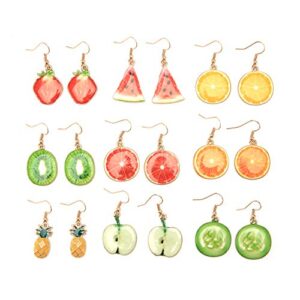 fun assorted fruit earrings for women,kiwi earrings,watermelon earrings,lemon earrings,orange slice earrings,citrus earrings,fun weird fruit shaped dangle earrings for girls