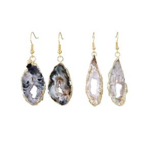 nupuyai natural stone drop earrings for women, druzy agate geode crystal quartz dangle hook earrings, gold plated, pack of 2