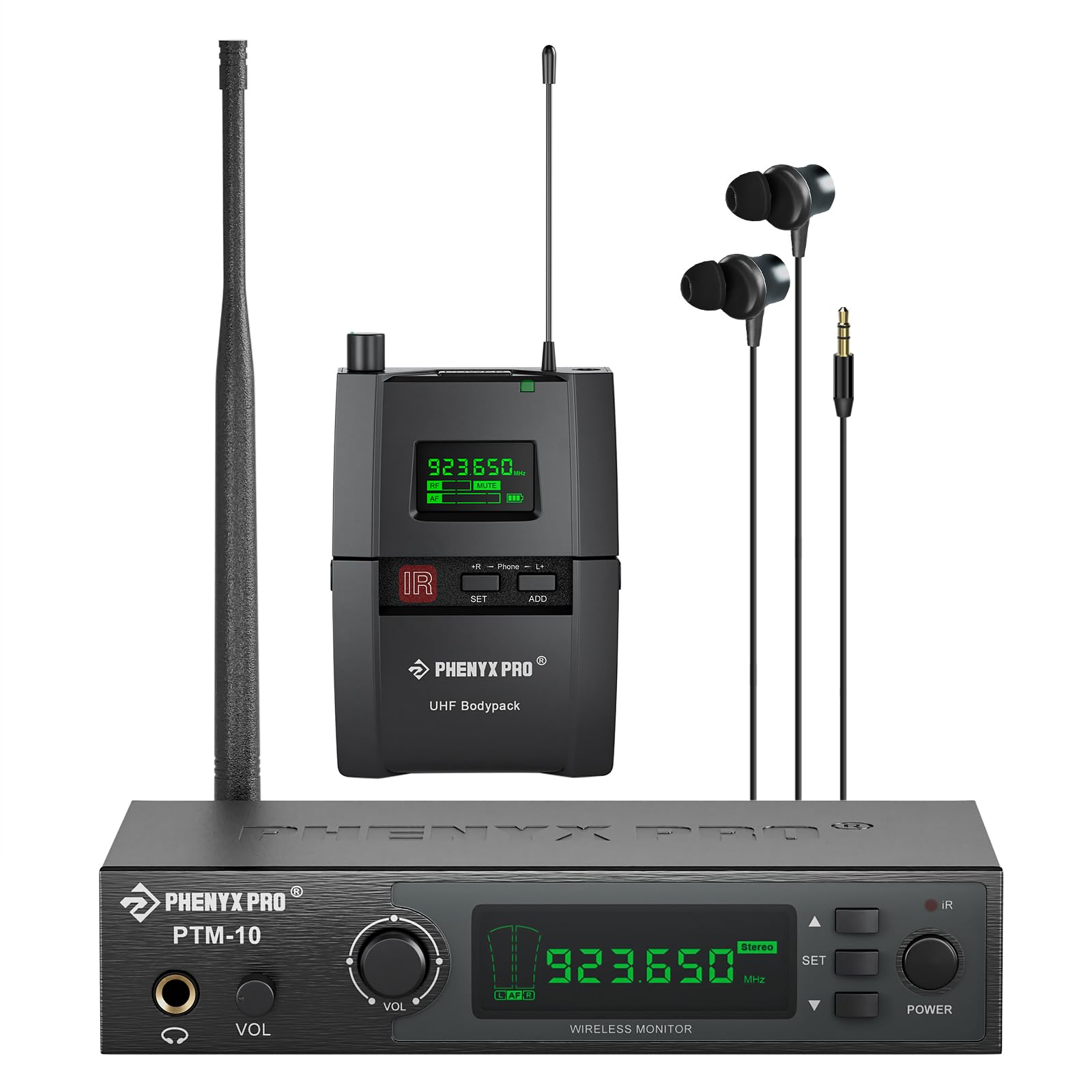 Phenyx Pro UHF Stereo Wireless in Ear Monitor System, Wireless IEM, 900MHz Band Selectable Frequency, Rack Mountable, 160 ft. Operation, suitable for Stage, Studio, Exhibit, Lecture, Speech (PTM-10)