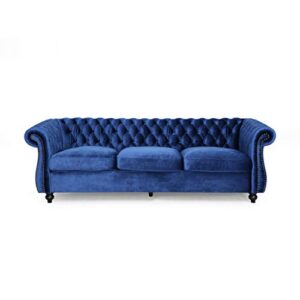 GDFStudio Chesterfield Tufted Jewel Toned Velvet Sofa with Scroll Arms, Navy Blue