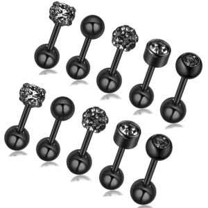 gabry&jwl 5pairs stud earrings set 316l stainless steel barbell ball earring tragus cartilage helix lobel cz earring hypoallerge earrings for women men black ear studs (5pairs black)