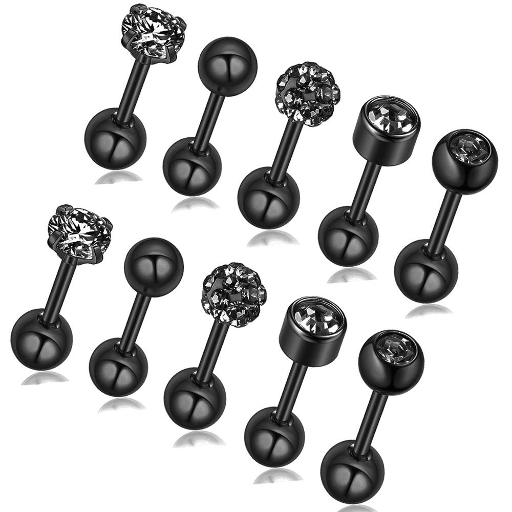 Gabry&jwl 5Pairs Stud Earrings Set 316L Stainless Steel Barbell Ball Earring Tragus Cartilage Helix Lobel CZ Earring Hypoallerge Earrings for Women Men Black Ear Studs (5Pairs Black)