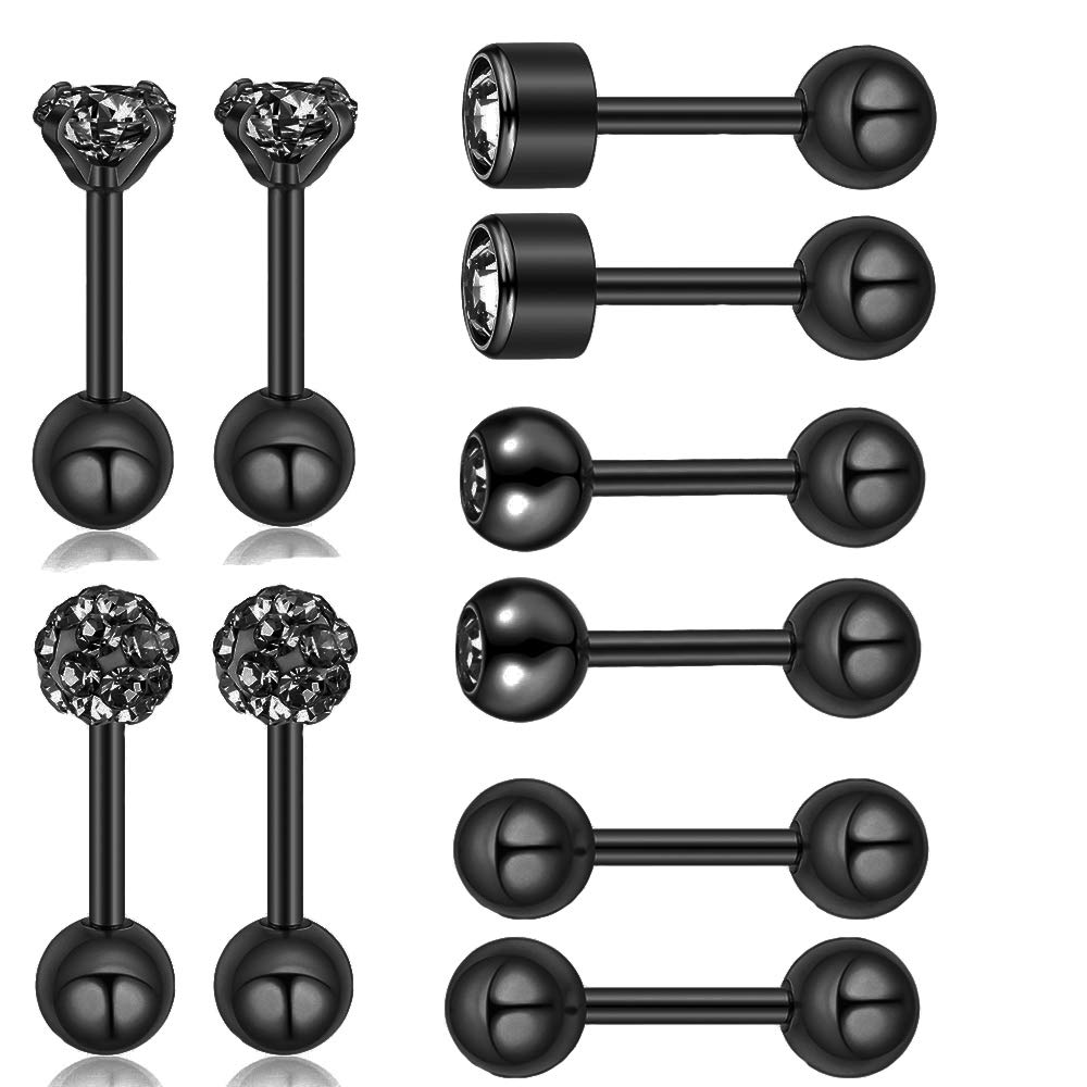 Gabry&jwl 5Pairs Stud Earrings Set 316L Stainless Steel Barbell Ball Earring Tragus Cartilage Helix Lobel CZ Earring Hypoallerge Earrings for Women Men Black Ear Studs (5Pairs Black)