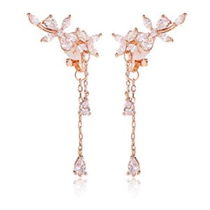 clip on earrings non pierced fringe dangle tassel drop cubic zirconia flower women rose gold