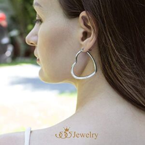 555Jewelry Womens Stainless Steel CZ Hypoallergenic Comfort Elegant Gift Jewelry Accessory Lightweight Hinged Durable Heart Shape Love Dressy Classic Large Hoop Fashion Earrings, Silver