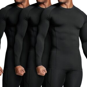 ATHLIO Men's UPF 50+ Long Sleeve Compression Shirts, Water Sports Rash Guard Base Layer, Athletic Workout Shirt, 3pack Black/Black/Black, Large