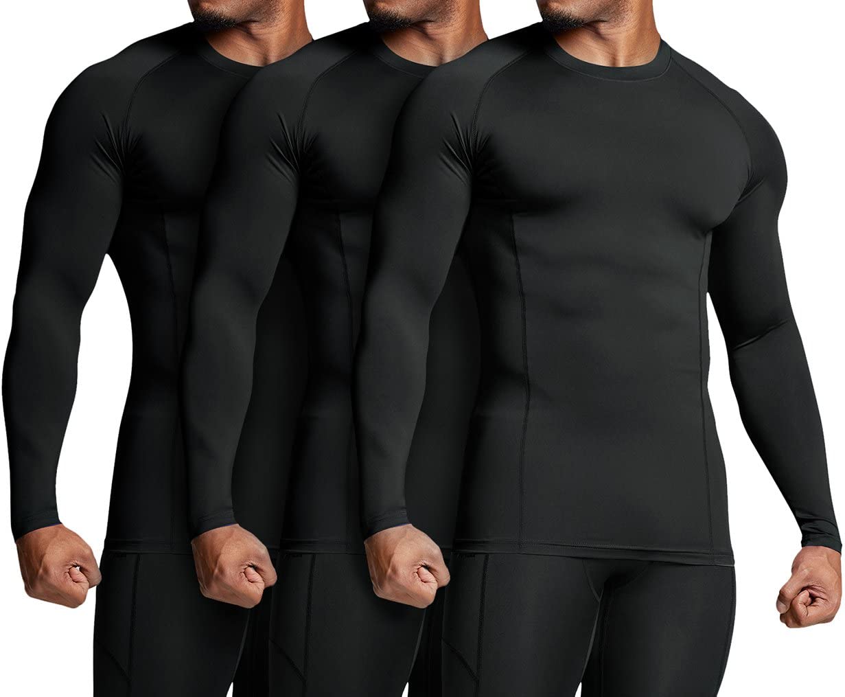 ATHLIO Men's UPF 50+ Long Sleeve Compression Shirts, Water Sports Rash Guard Base Layer, Athletic Workout Shirt, 3pack Black/Black/Black, Large