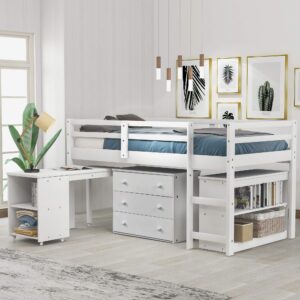 harper & bright designs low study twin loft bed with cabinet and rolling portable desk, white