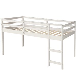 Harper & Bright Designs Low Study Twin Loft Bed with Cabinet and Rolling Portable Desk, White