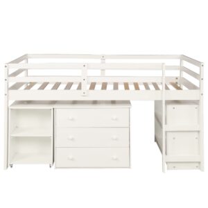 Harper & Bright Designs Low Study Twin Loft Bed with Cabinet and Rolling Portable Desk, White