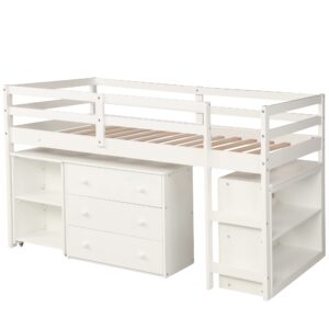 Harper & Bright Designs Low Study Twin Loft Bed with Cabinet and Rolling Portable Desk, White