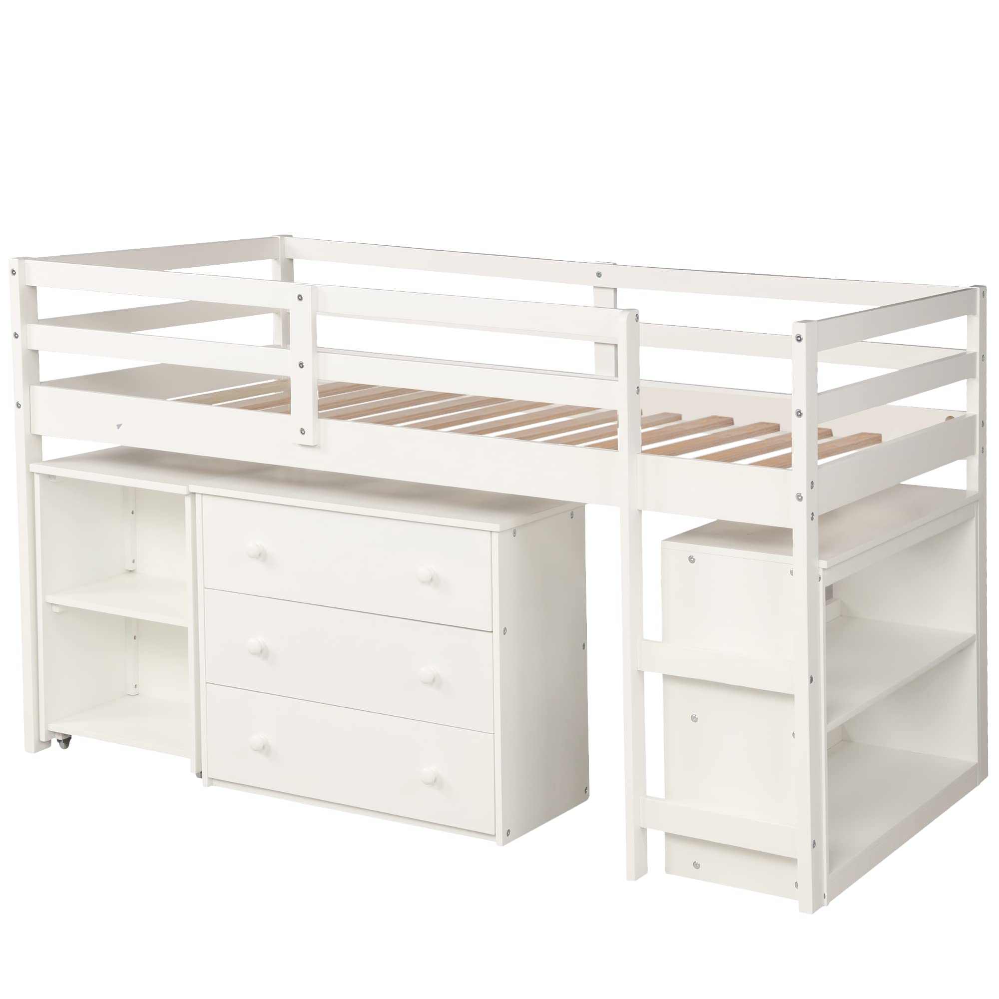 Harper & Bright Designs Low Study Twin Loft Bed with Cabinet and Rolling Portable Desk, White