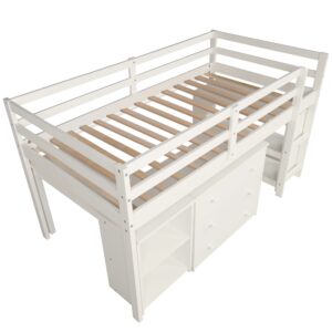 Harper & Bright Designs Low Study Twin Loft Bed with Cabinet and Rolling Portable Desk, White