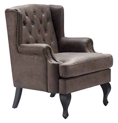 Serta Mason Sofa Collection Faux-Leather Upholstery, Brass Nailhead Accents, Solid Wood Legs, Button-Tufted Wingback Armchair, Dark Brown