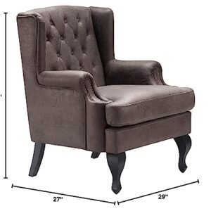 Serta Mason Sofa Collection Faux-Leather Upholstery, Brass Nailhead Accents, Solid Wood Legs, Button-Tufted Wingback Armchair, Dark Brown