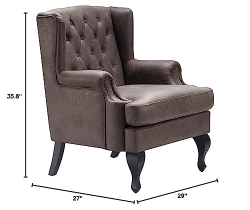 Serta Mason Sofa Collection Faux-Leather Upholstery, Brass Nailhead Accents, Solid Wood Legs, Button-Tufted Wingback Armchair, Dark Brown