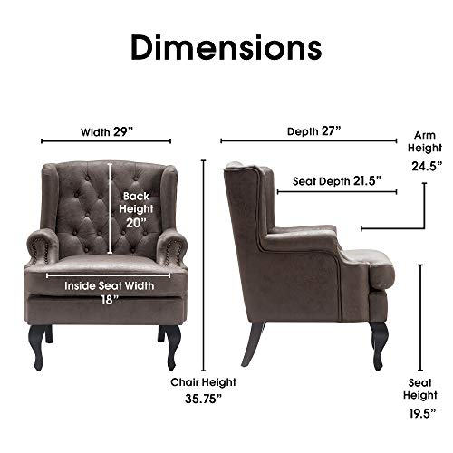 Serta Mason Sofa Collection Faux-Leather Upholstery, Brass Nailhead Accents, Solid Wood Legs, Button-Tufted Wingback Armchair, Dark Brown