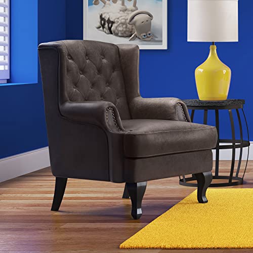 Serta Mason Sofa Collection Faux-Leather Upholstery, Brass Nailhead Accents, Solid Wood Legs, Button-Tufted Wingback Armchair, Dark Brown