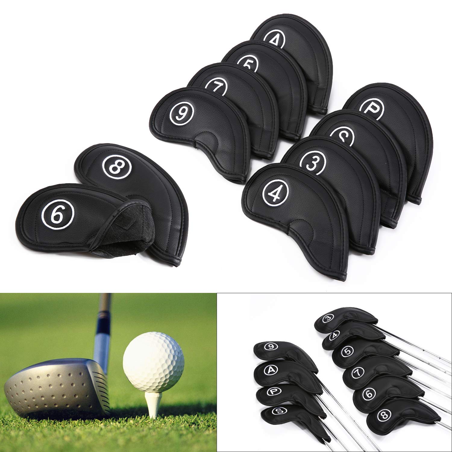 Golf Irons Club Head Covers, Golf 10pcs Set Thick PU Leather Waterproof Head Covers with Number Tag 3-9/A/P/S Fit Most Irons Club (Black)