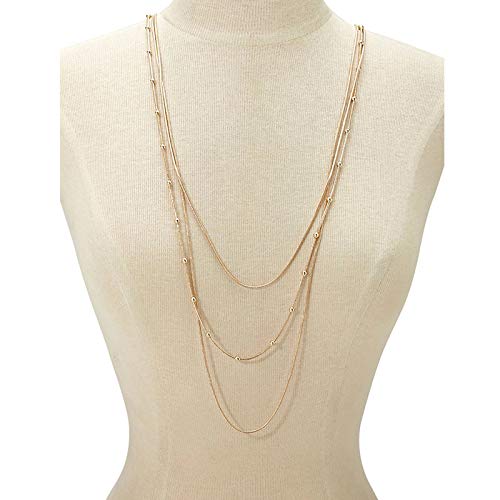 COLORFUL BLING Multilayer Choker Long Chain Tassel Pendant Necklace for Women Beads Necklace Long Bar Charm Chain Jewelry (A Gold three layer)