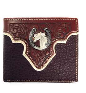 western genuine leather floral tooled horse concho mens short bifold wallet in 2 colors (coffee)