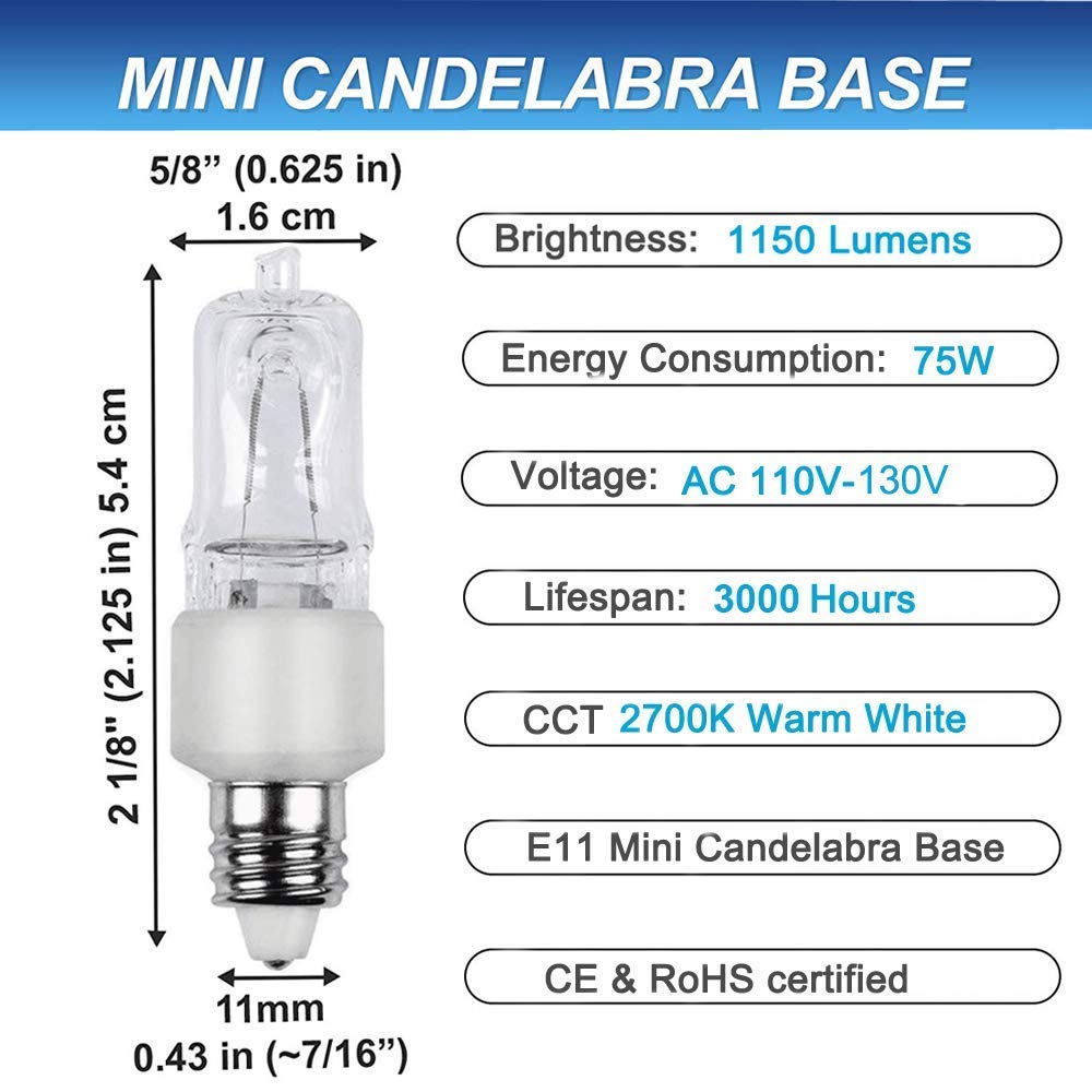 Vinaco E11 Bulb, JDE11 120v 75w Halogen Light Bulbs T4 E11 Bulb with E11 Mini Candelabra Base, High Output 1150lm E11 Halogen Bulb, 4PCS E11 Light Bulb with Warm White