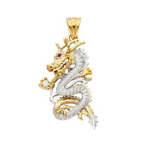 14k two tone gold cz dragon pendant