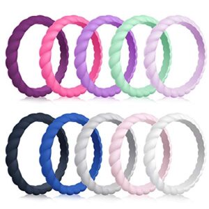 mokani silicone wedding ring for women, 10 pack thin and braided rubber band, fashion, colorful, comfortable fit, skin safe