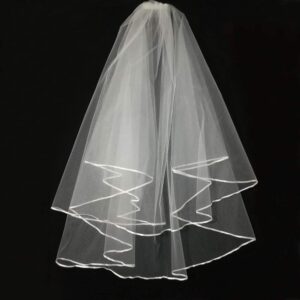 white wedding veil,2 tier ribbon edge center cascade bridal veil with comb for bachelorette party