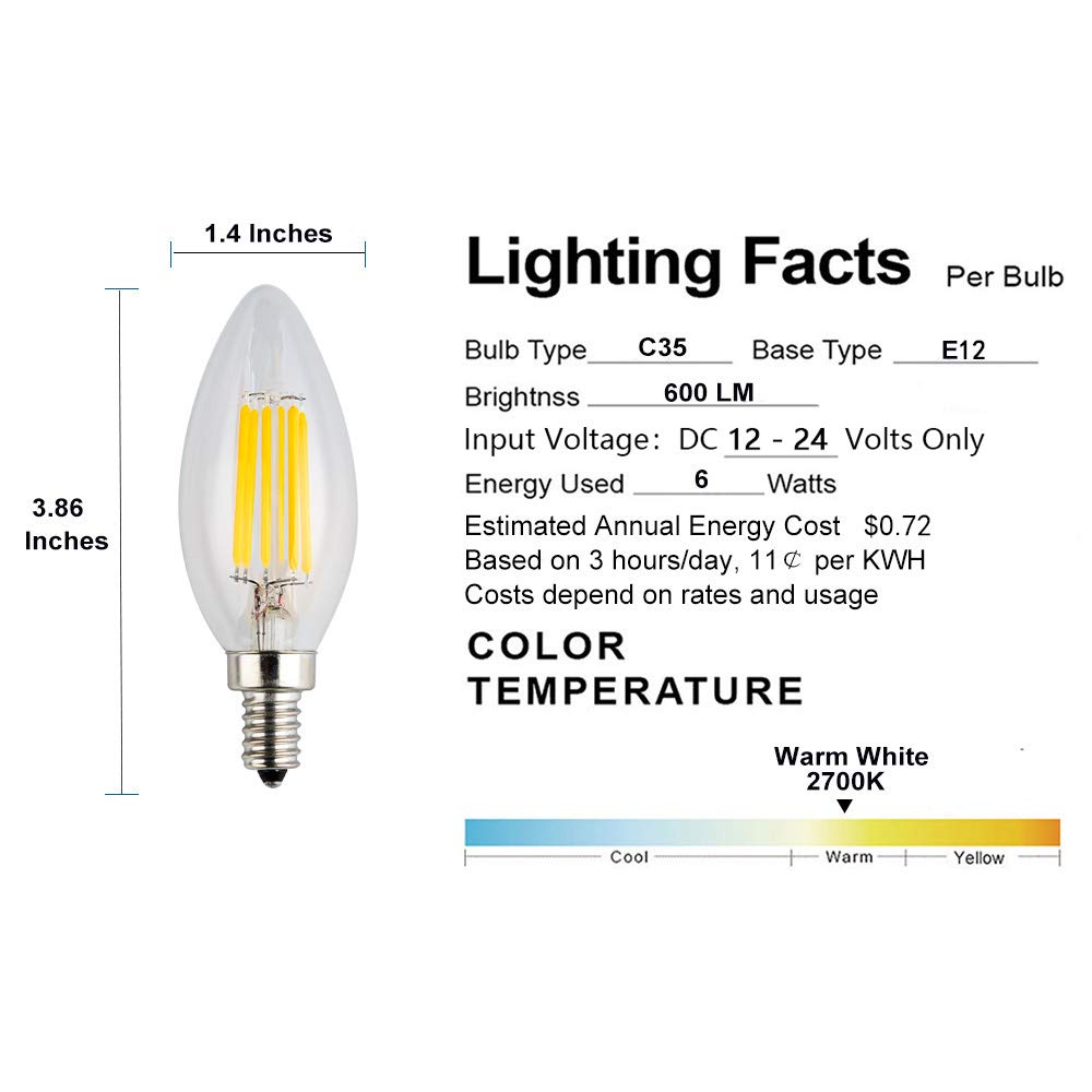 OPALRAY LED Candelabra Bulb, DC 12V 24V, Dimmable with DC Dimmer, 6W 600Lm, Warm White Light, E12 Small Base, 60W Incandescent Equivalent, 12V Power Supply, Clear Glass Torpedo Tip, 3-Pack